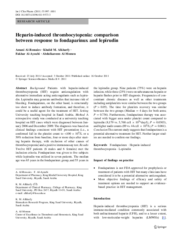 (PDF) Heparin-induced thrombocytopenia: comparison between response to ...
