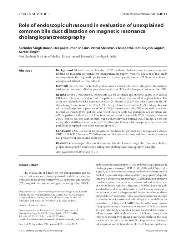 (PDF) Role of endoscopic ultrasound in evaluation of unexplained common bile duct dilatation on ...