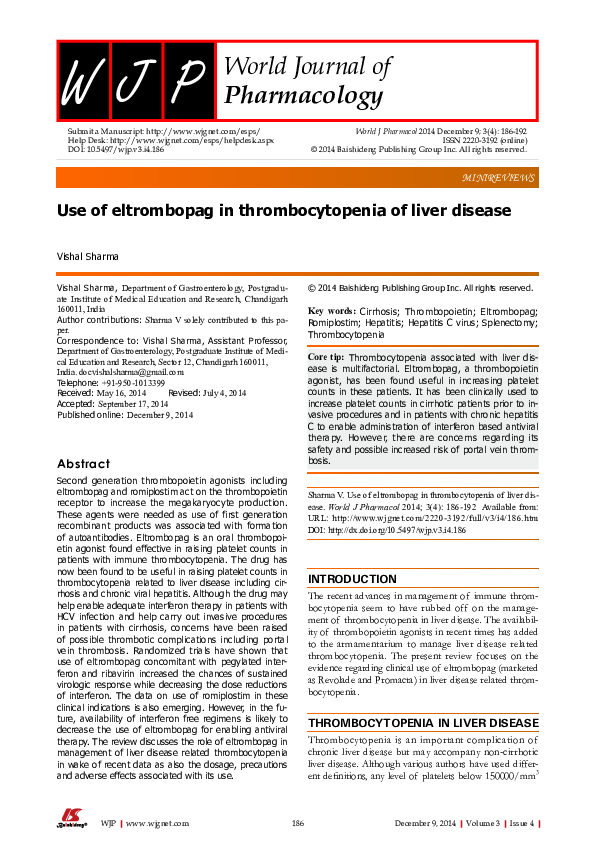 (PDF) Use of eltrombopag in thrombocytopenia of liver disease