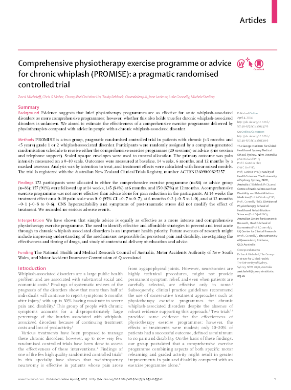 Pdf Comprehensive Physiotherapy Exercise Programme Or Advice For Chronic Whiplash Promise A