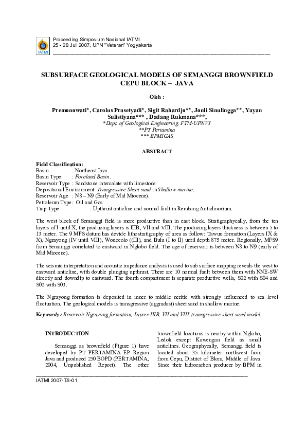 (PDF) SUBSURFACE GEOLOGICAL MODELS OF SEMANGGI BROWNFIELD CEPU BLOCK – JAVA