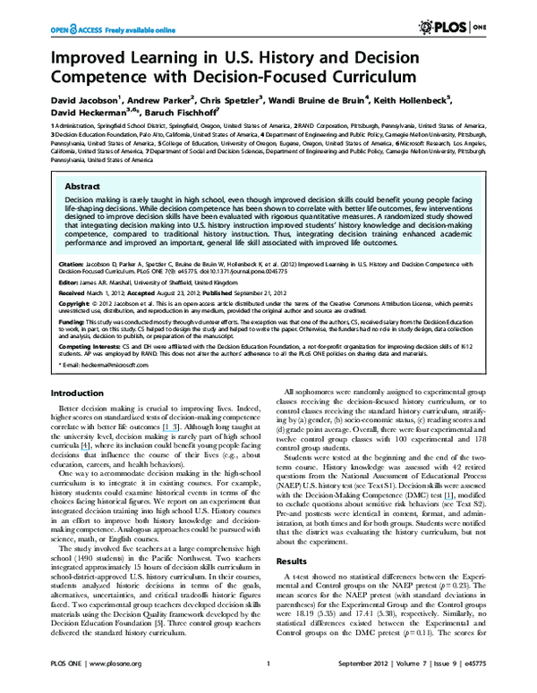 (PDF) Improved Learning in U.S. History and Decision Competence with Decision-Focused Curriculum ...