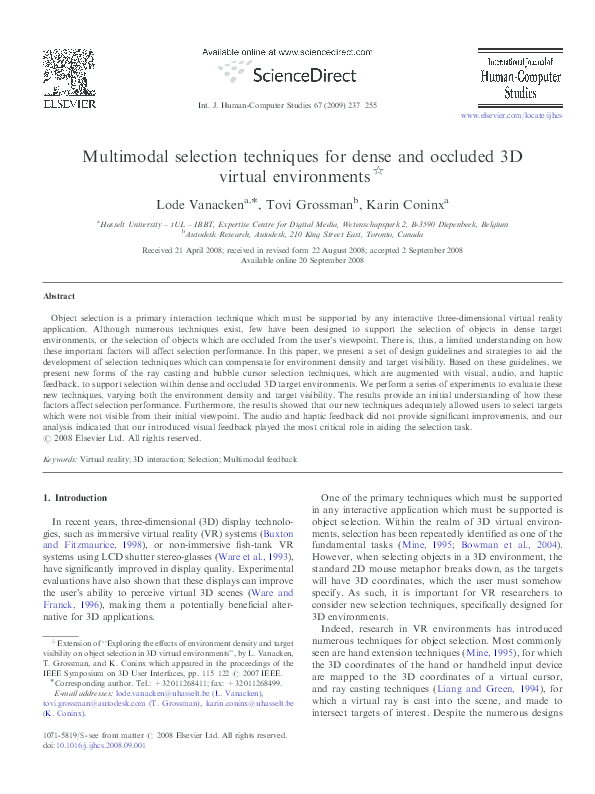 (PDF) Multimodal selection techniques for dense and occluded 3D virtual environments