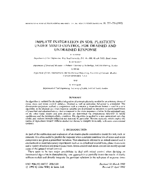 (PDF) Implicit integration in soil plasticity under mixed control for drained and undrained response