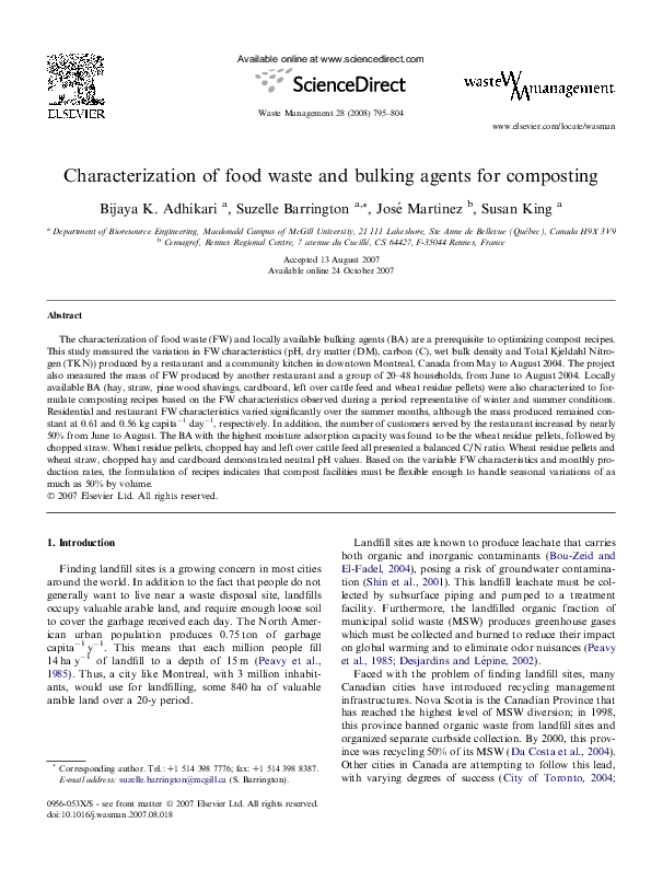 (PDF) Characterization of food waste and bulking agents for composting