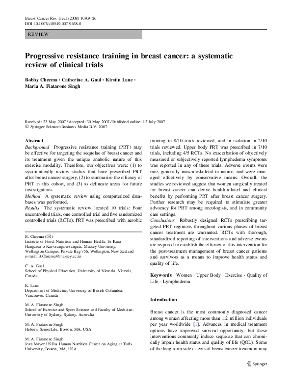 (PDF) Progressive resistance training in breast cancer: a systematic ...