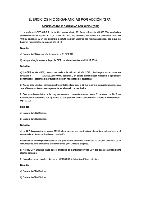 (DOC) EJERCICIOS NIC 33 GANANCIAS POR ACCIÓN (GPA