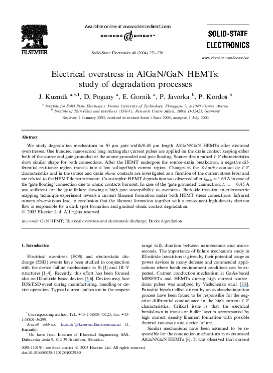 (PDF) Electrical overstress in AlGaN/GaN HEMTs: study of degradation ...