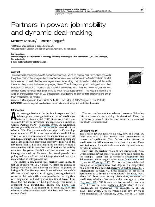 (PDF) Partners in power: job mobility and dynamic deal‐making