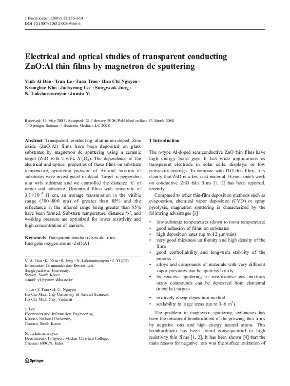 (PDF) Electrical and optical studies of transparent conducting ZnO: Al thin films by magnetron ...