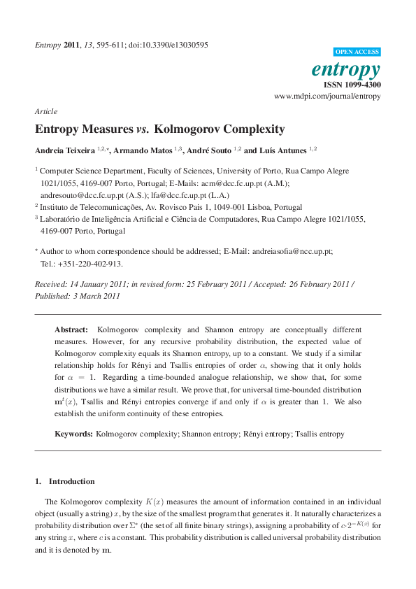 (PDF) Kolmogorov Complexity and Entropy Measures