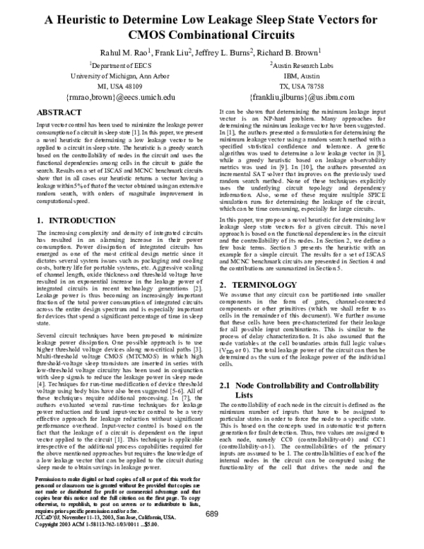 Pdf A Heuristic To Determine Low Leakage Sleep State Vectors For Cmos Combinational Circuits