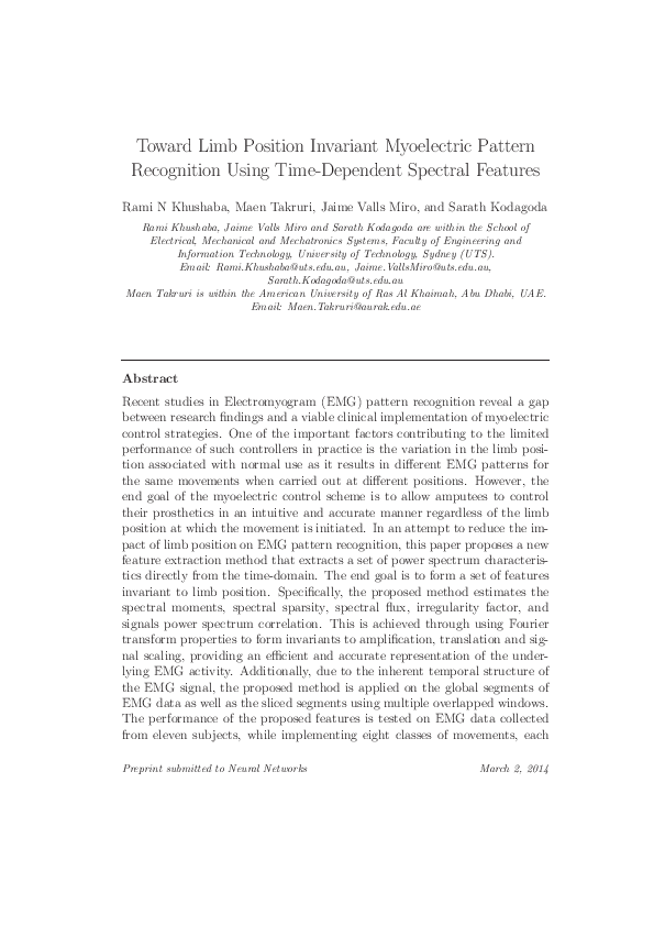 Pdf Towards Limb Position Invariant Myoelectric Pattern Recognition Using Time Dependent