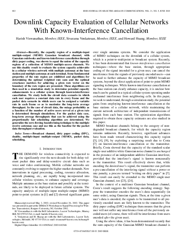 (PDF) Downlink capacity evaluation of cellular networks with known-interference cancellation