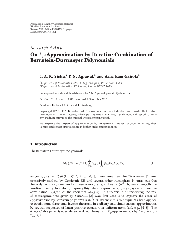 Pdf On L P Approximation By Iterative Combination Of Bernstein Durrmeyer Polynomials