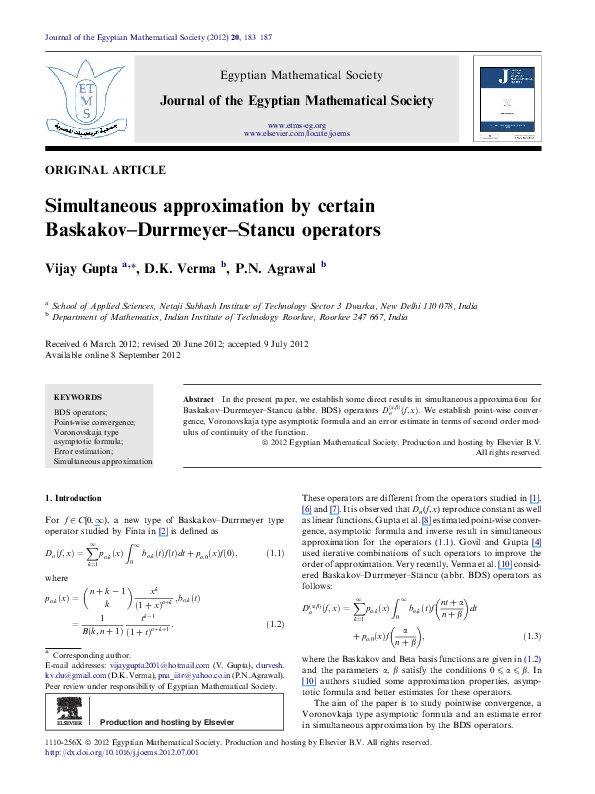 (PDF) Simultaneous approximation by certain Baskakov–Durrmeyer–Stancu operators