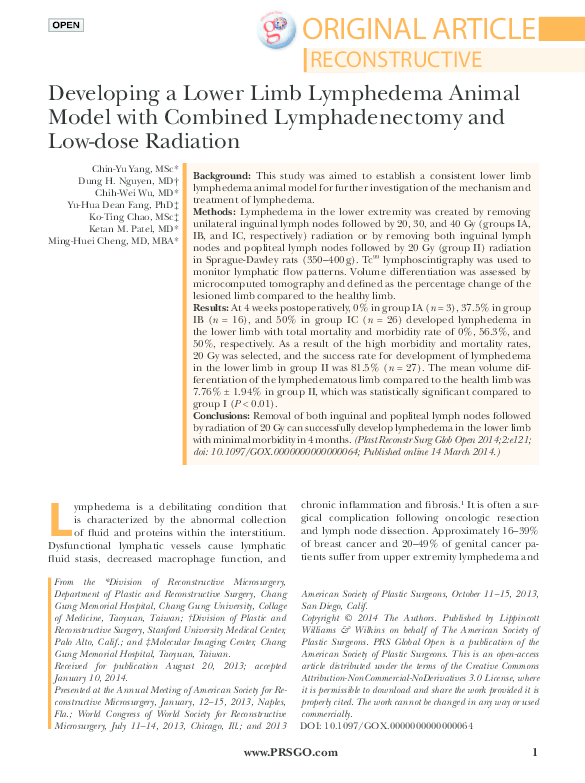 (PDF) Developing a Lower Limb Lymphedema Animal Model with Combined ...