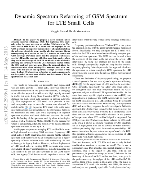 (PDF) Dynamic spectrum refarming of GSM spectrum for LTE small cells