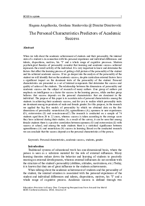 (DOC) The Personal Characteristics Predictors of Academic Success