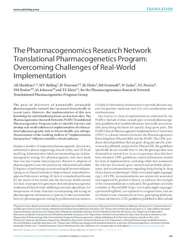 (PDF) The Pharmacogenomics Research Network Translational ...
