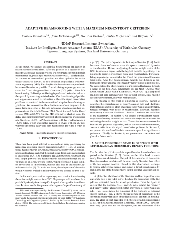 (PDF) Adaptive Beamforming with a Maximum Negentropy Criterion