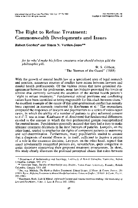 (PDF) The right to refuse treatment: Commonwealth developments and issues