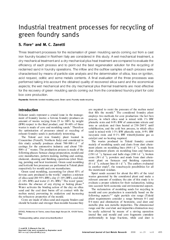 (PDF) Industrial treatment processes for recycling of green foundry sands