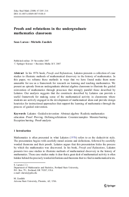 (PDF) Proofs and refutations in the undergraduate mathematics classroom