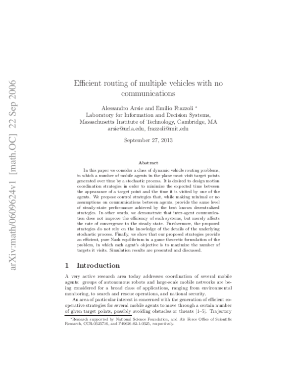 (PDF) Efficient routing of multiple vehicles with no communications ...