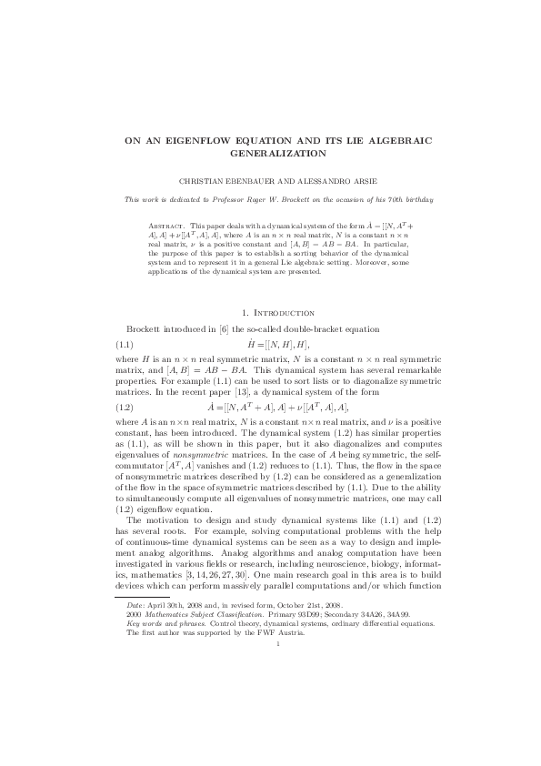 (PDF) On an Eigenflow Equation and its Lie Algebraic Generalization