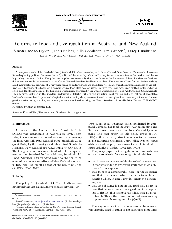 (PDF) Reforms to food additive regulation in Australia and New Zealand