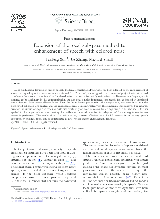Pdf Extension Of The Local Subspace Method To Enhancement Of Speech With Colored Noise