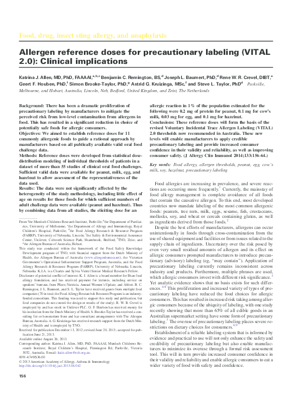 (PDF) Allergen reference doses for precautionary labeling (VITAL 2.0 ...