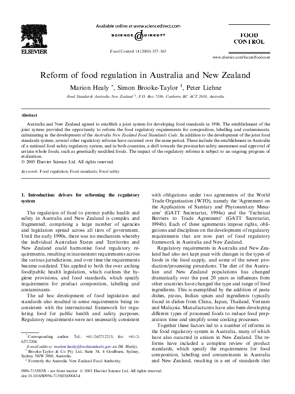 (PDF) Reform of food regulation in Australia and New Zealand