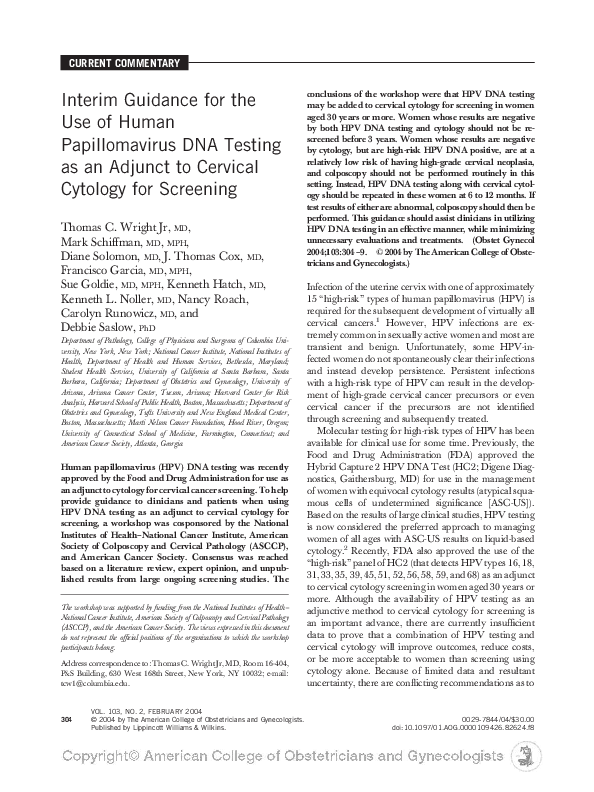 (PDF) Interim guidance for the use of human papillomavirus DNA testing ...