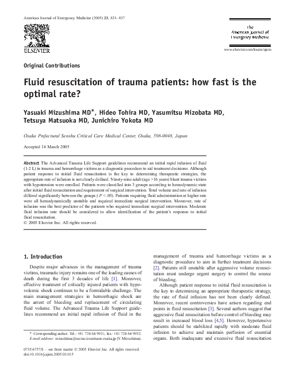 (PDF) Fluid resuscitation of trauma patients: how fast is the optimal rate?