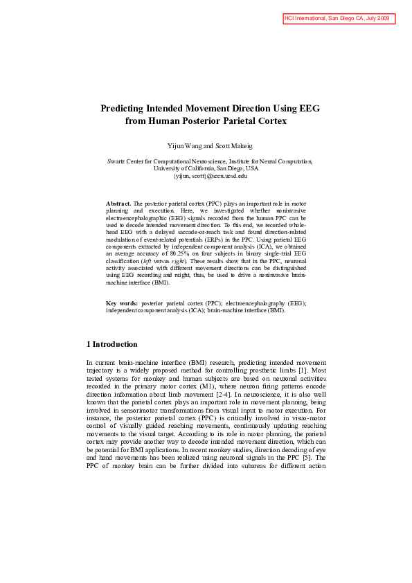 Pdf Predicting Intended Movement Direction Using Eeg From Human Posterior Parietal Cortex