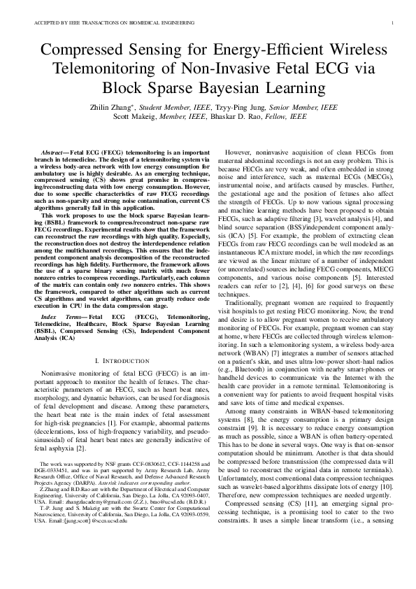 (PDF) Compressed Sensing for Energy-Efficient Wireless Telemonitoring of Non-Invasive Fetal ECG ...