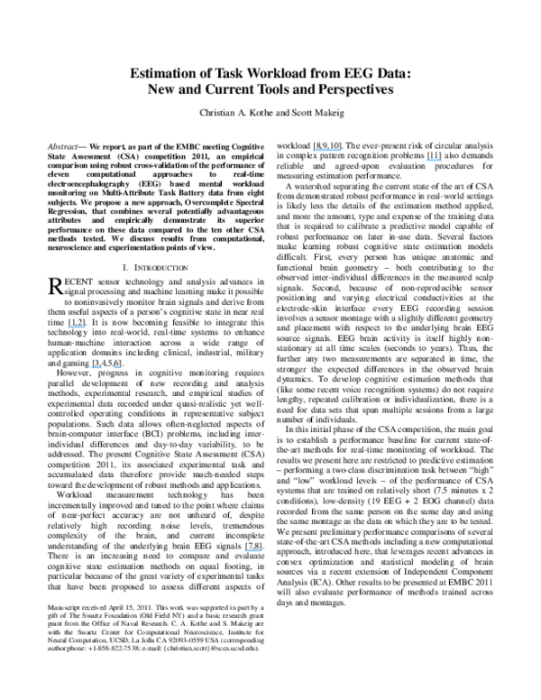 Pdf Estimation Of Task Workload From Eeg Data New And Current Tools And Perspectives