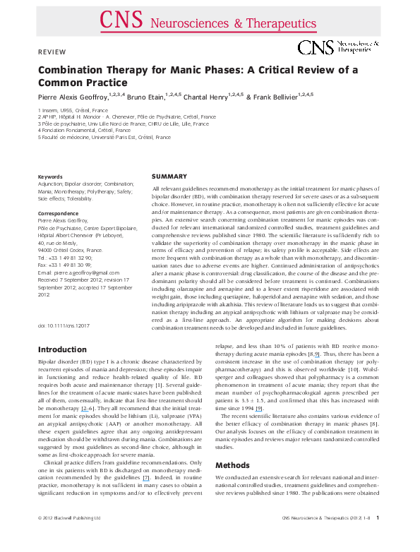 (PDF) Combination Therapy for Manic Phases: A Critical Review of a ...