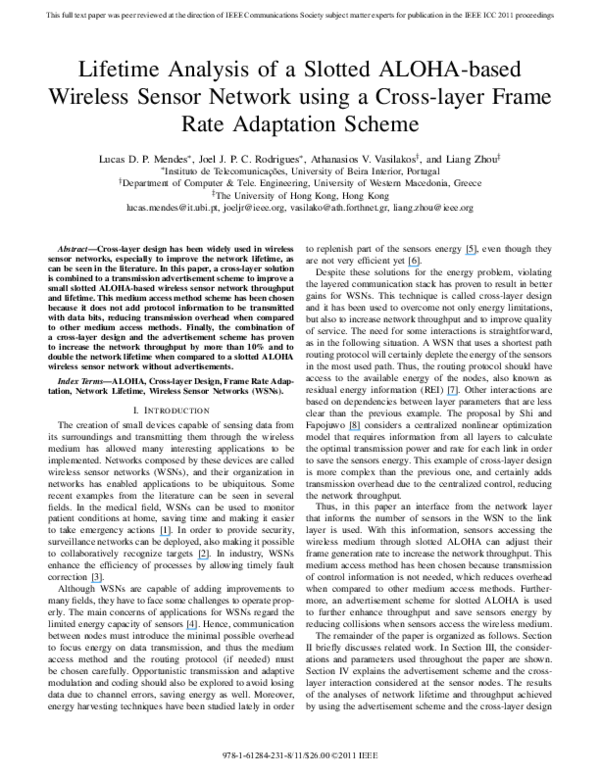 Pdf Lifetime Analysis Of A Slotted Aloha Based Wireless Sensor Network Using A Cross Layer
