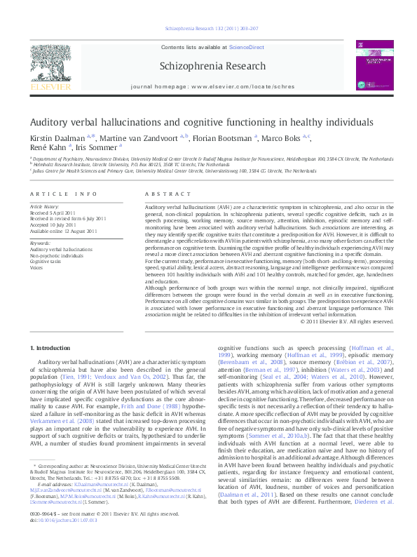 (PDF) Auditory verbal hallucinations and cognitive functioning in healthy individuals