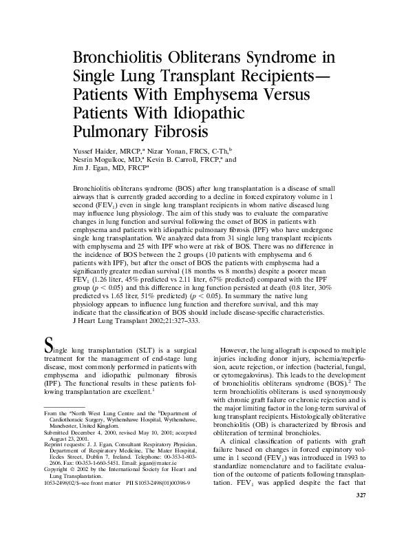 (PDF) Bronchiolitis obliterans syndrome in single lung transplant ...