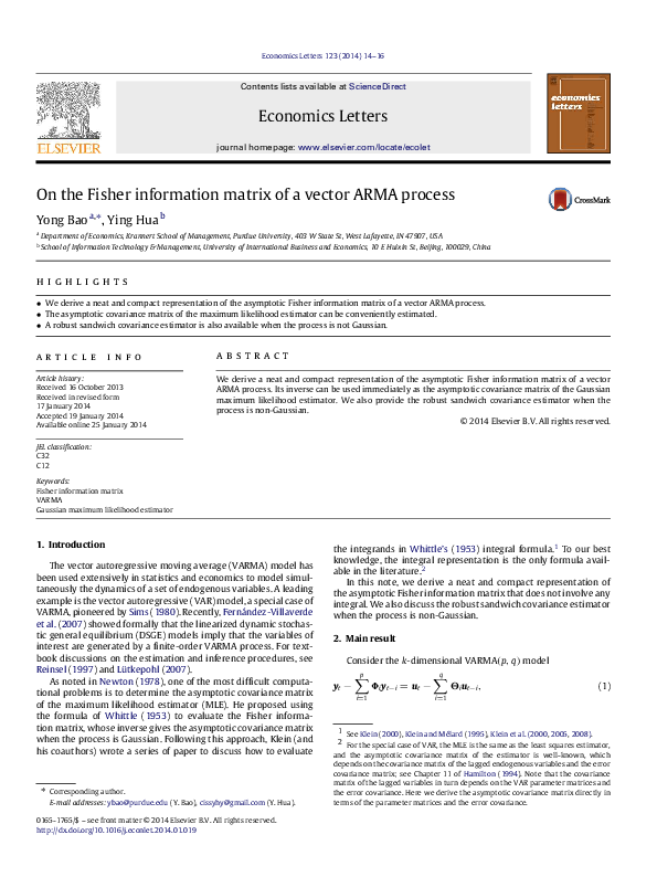 (PDF) On the Fisher information matrix of a vector ARMA process
