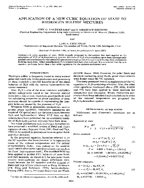 (PDF) Application of a new cubic equation of state to hydrogen sulfide mixtures