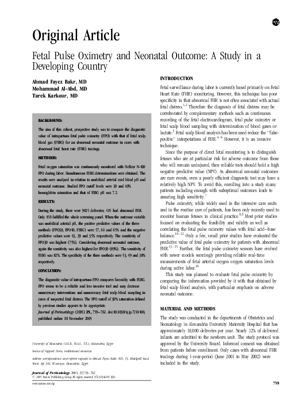 (PDF) Fetal Pulse Oximetry and Neonatal Outcome: A Study in a ...
