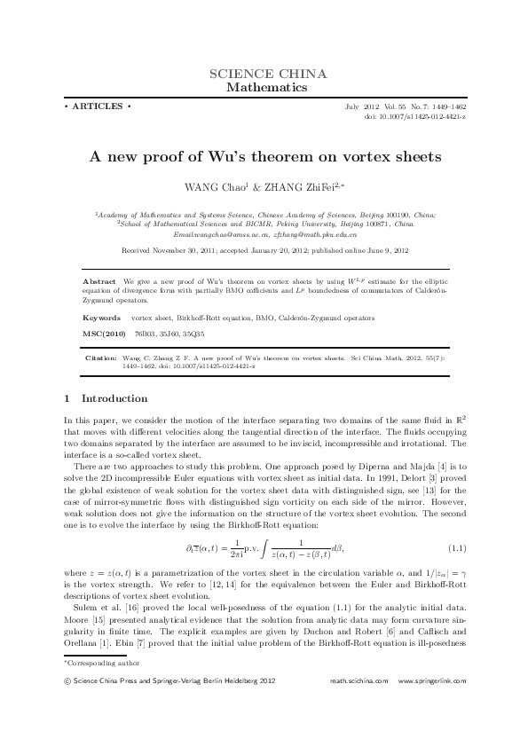 (PDF) A new proof of Wu’s theorem on vortex sheets