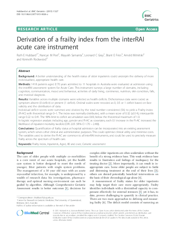 (PDF) Derivation of a frailty index from the interRAI acute care instrument