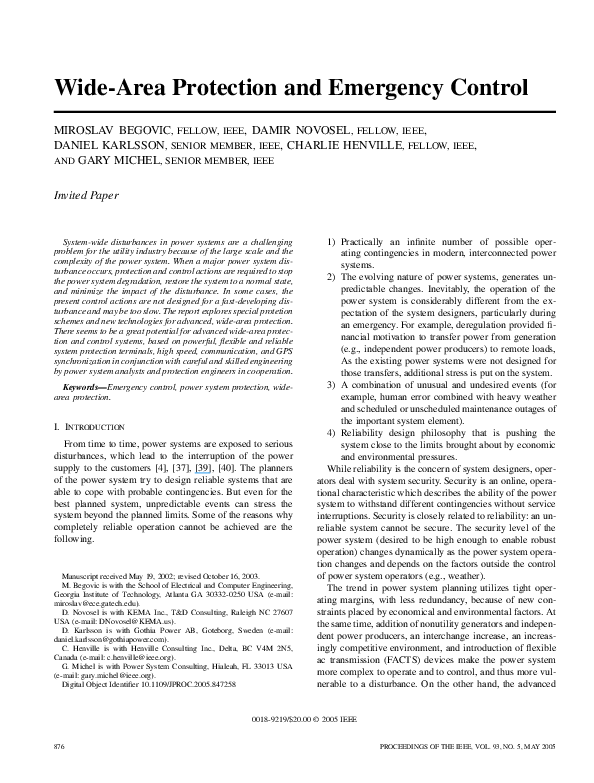 (PDF) Wide-Area Protection and Emergency Control