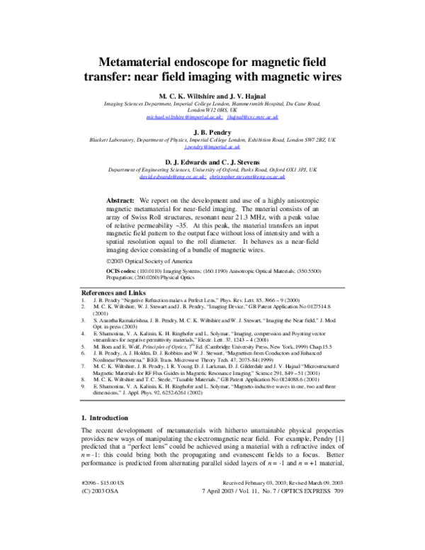 (PDF) Metamaterial endoscope for magnetic field transfer: near field ...